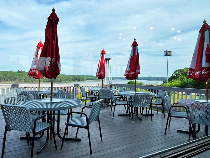 Ocean views and red umbrellas &ndash; it's like a postcard come to life. This patio is the perfect spot for some al fresco feasting.