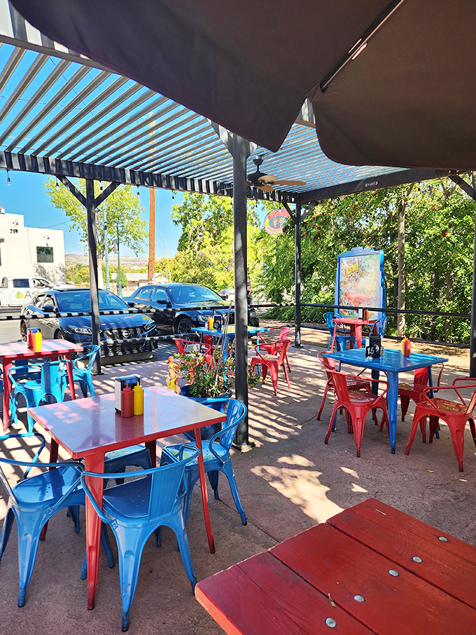 Al fresco dining with a side of time travel. These colorful tables are perfect for enjoying your burger while imagining you're extras in "Grease."