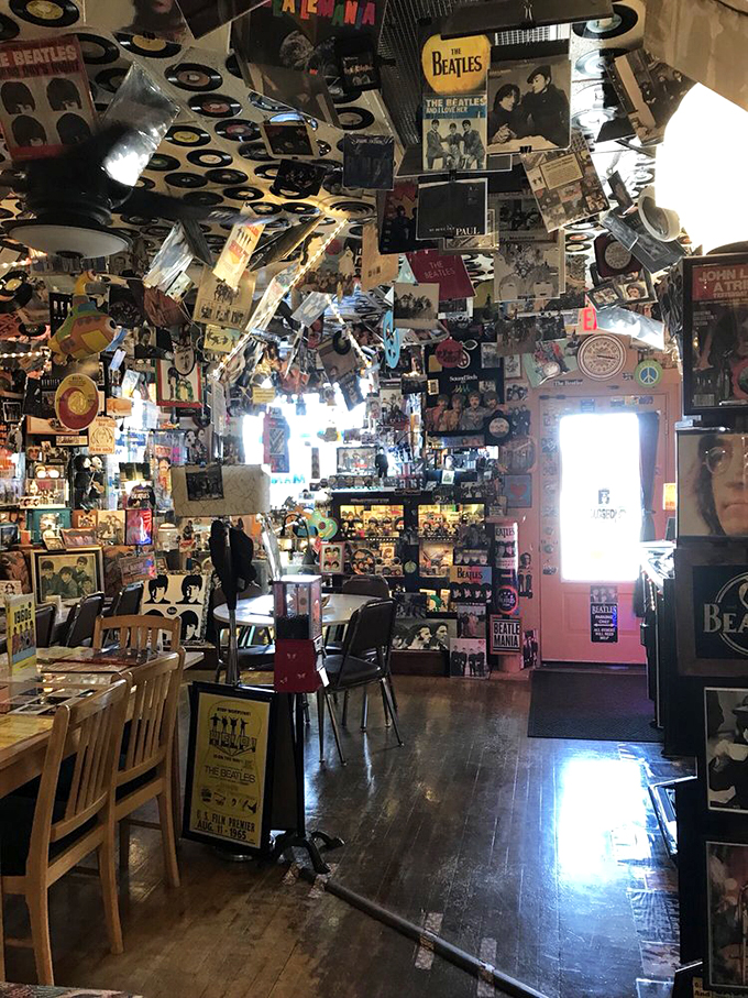 Where coffee meets culture: every seat offers a different view of this museum-worthy collection of Beatles memorabilia.