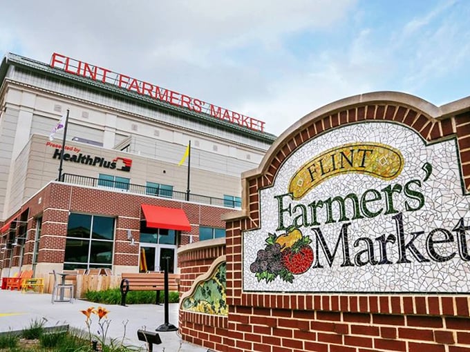 Fresh flavors, served with a side of community! Flint Farmers' Market's welcoming exterior promises a feast for all senses.