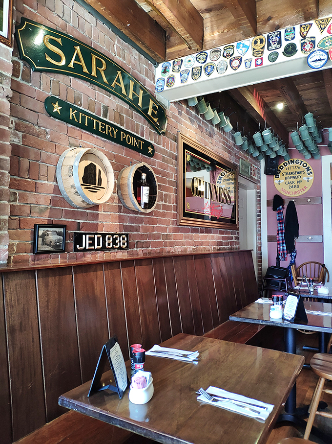 A wall of maritime memories! From boat names to brew signs, this decor is like a scrapbook of the sea come to life.