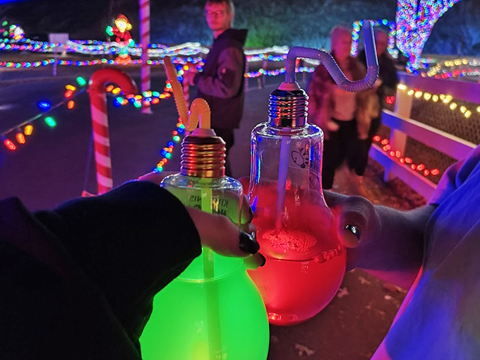 Edison bulbs with a twist! These quirky light-up drinks add a splash of whimsy to your stroll through this winter wonderland.