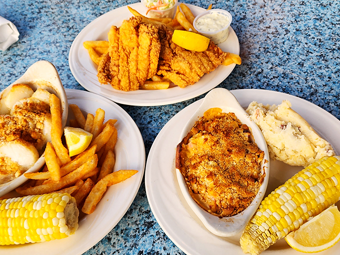 A seafood smorgasbord that would make Poseidon jealous. From crispy fish to buttery corn, it's a plate full of ocean's bounty.