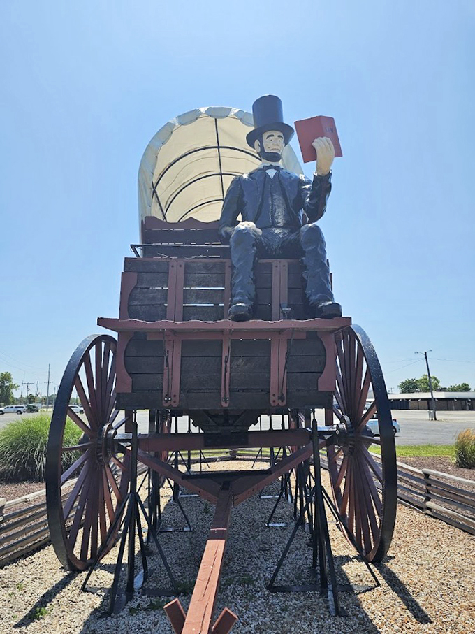 "Abe's on a knowledge journey, and you're invited!" This close-up reminds us that even presidents need a good book for those long covered wagon rides.