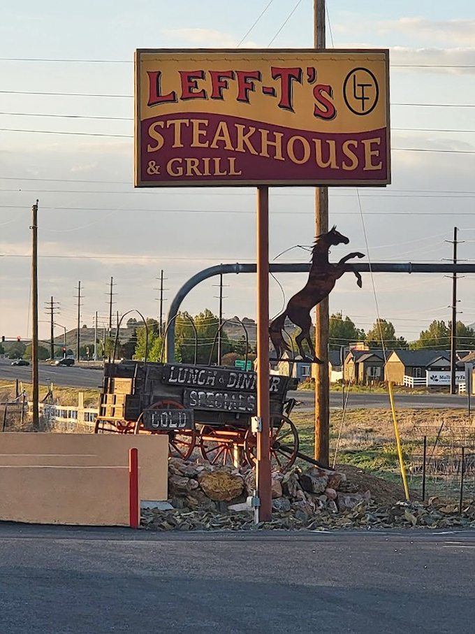 Howdy, partner! This sign's not just pointing the way to great steaks, it's inviting you on a flavor adventure.