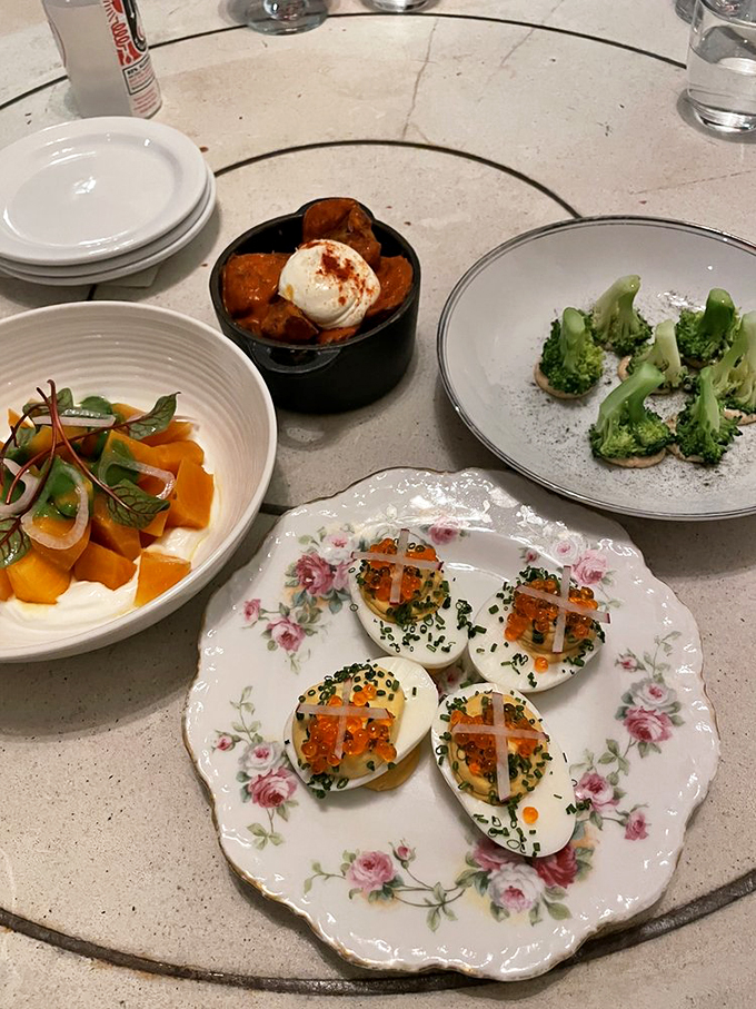 A quartet of small plates that sing a symphony of flavors. From vibrant veggies to perfectly plated eggs, it's a fiesta for your taste buds.