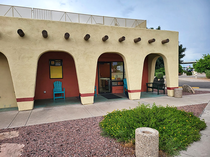 Step into the Southwest. This charming entrance beckons you to explore, promising air-conditioned comfort just beyond its arched doorway. Photo credit: asobouyoca