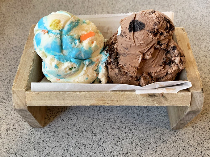 Birthday Cake and Michigan Pot Hole] Ice cream so good, it's worth celebrating even if it's not your birthday! The Michigan Pot Hole flavor? It's the only pothole you'll be happy to hit!