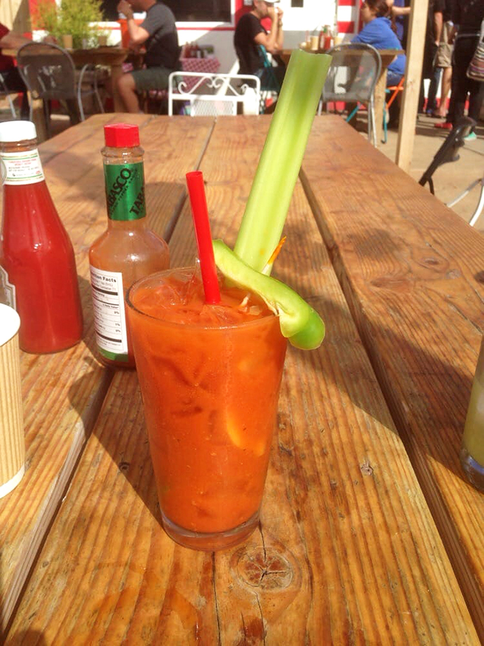 A meal in itself, this Bloody Mary stands tall with its celery sentinel guarding all that spicy goodness.