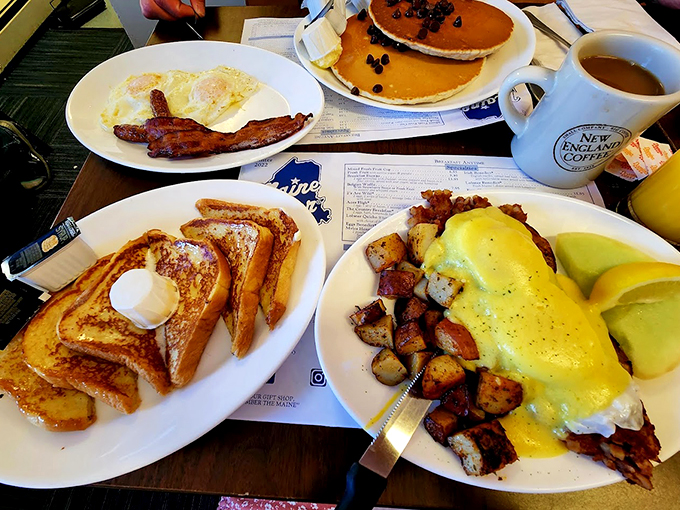 Eggs Benedict and French toast sharing the spotlight &ndash; breakfast doesn't get more "Sunday morning perfect" than this.