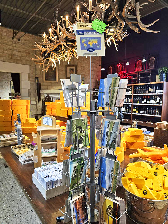 A treasure trove of postcards and cheese-themed souvenirs. Because nothing says "Wish you were here" like a cheesy postcard from paradise. 