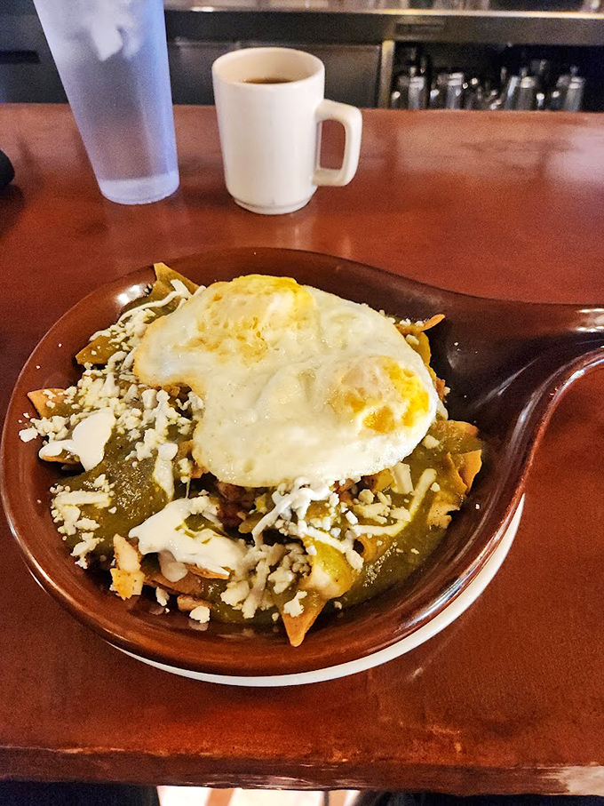 These chilaquiles topped with eggs tell a story of Southwest flavors that'll wake up your taste buds. Photo credit: Jim M