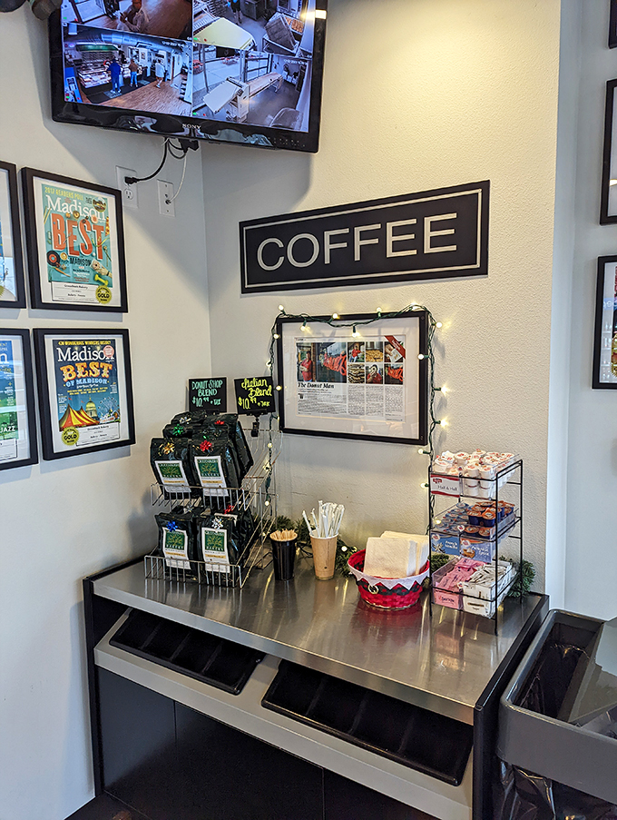 The coffee corner: where liquid energy meets sweet treats. It's the fuel station for donut adventurers!