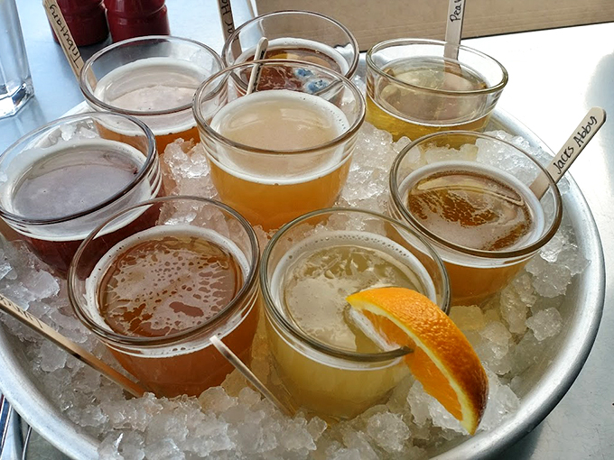 A flight of local craft beers on ice, because every seafood feast deserves proper liquid accompaniment.