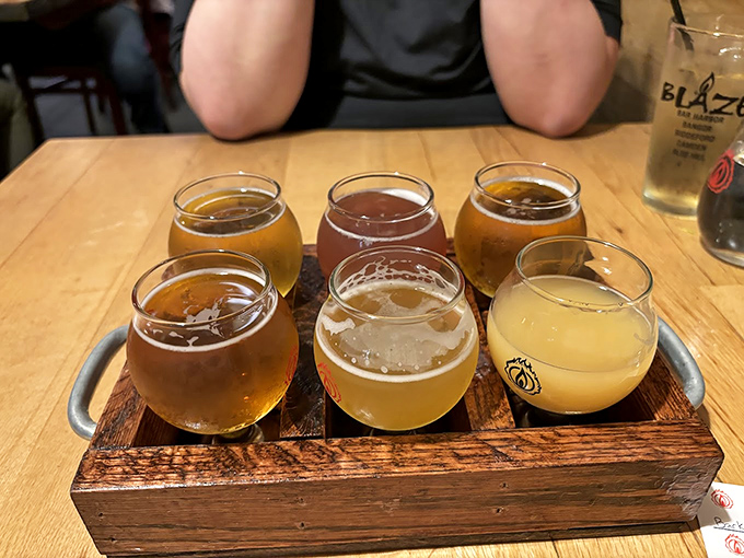 A flight of craft beers presents like a painter's palette, each glass promising its own unique flavor adventure.