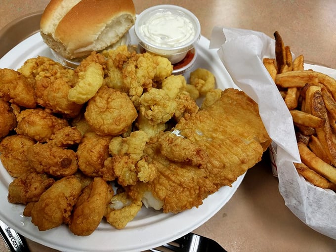 This platter of golden-fried happiness proves that sometimes more really is more, especially when it comes to seafood.