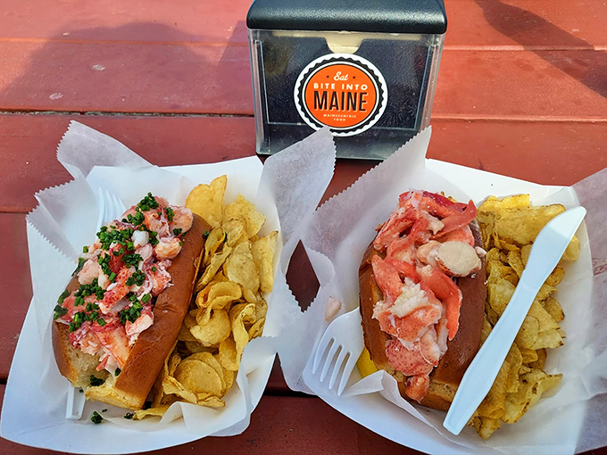 Two perfectly crafted lobster rolls, one garnished with fresh herbs, both promising a taste of Maine paradise.