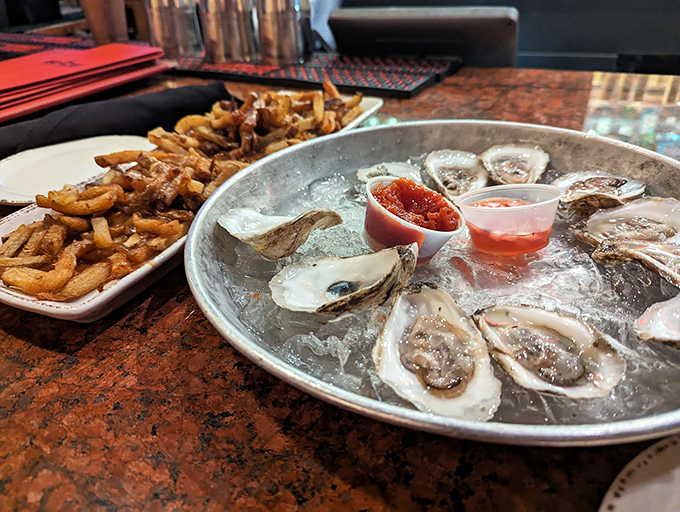Fresh oysters on ice, glistening like pearls. A taste of the Maine coast right in downtown Bangor.