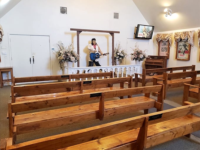 Wooden pews and vintage decor transport visitors to a time when Western films brought Hollywood magic to the desert.