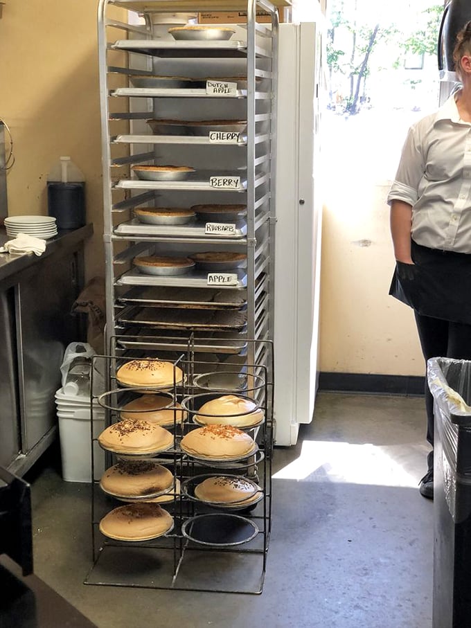 Behold, the Great Wall of Pie! This towering rack of freshly baked beauties is a testament to the power of butter and sugar. Photo credit: Charles O.