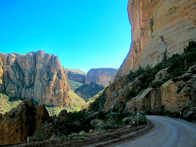 Curves ahead! This road snakes through the canyon like nature's own Lombard Street. Just remember, in the desert, nobody can hear you 
