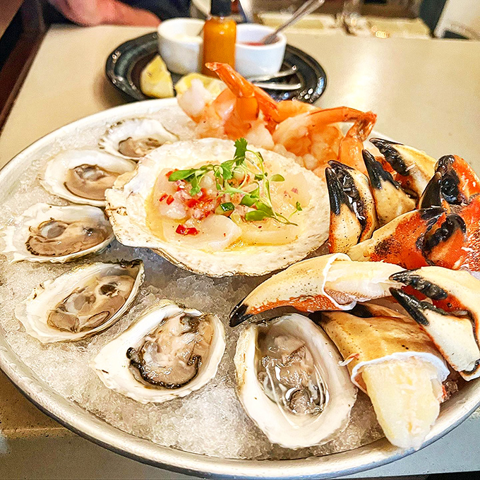 A seafood platter that would make Neptune himself jealous, featuring pristine oysters and perfectly cooked shellfish.