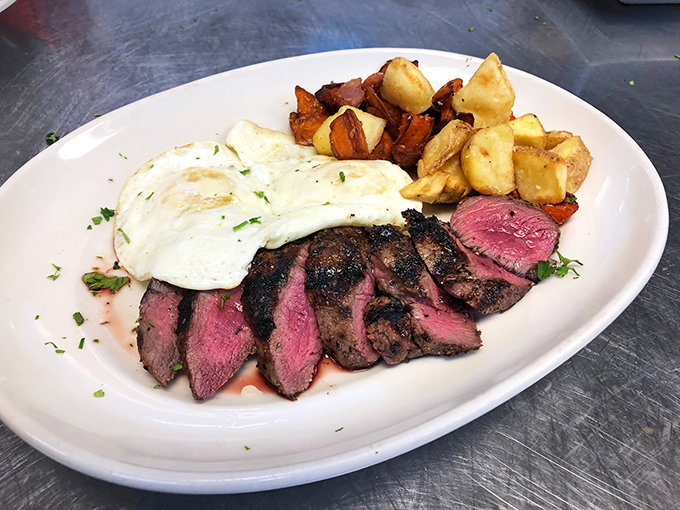 The classic power couple: steak and eggs. It's breakfast with ambition, ready to fuel your day like a boss.