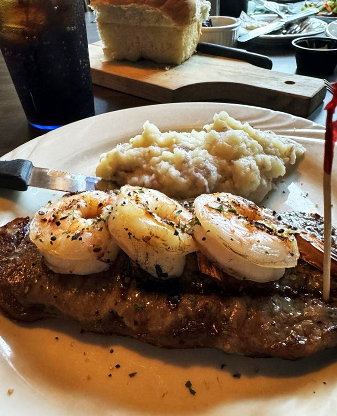 A steak that's found its soulmate in a lineup of perfectly grilled shrimp &ndash; romance on a plate.