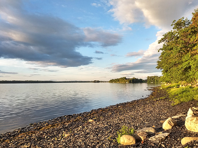 Lakeshore magic hour: As the sun dips low, the water transforms into liquid gold, kissed by cotton candy clouds.