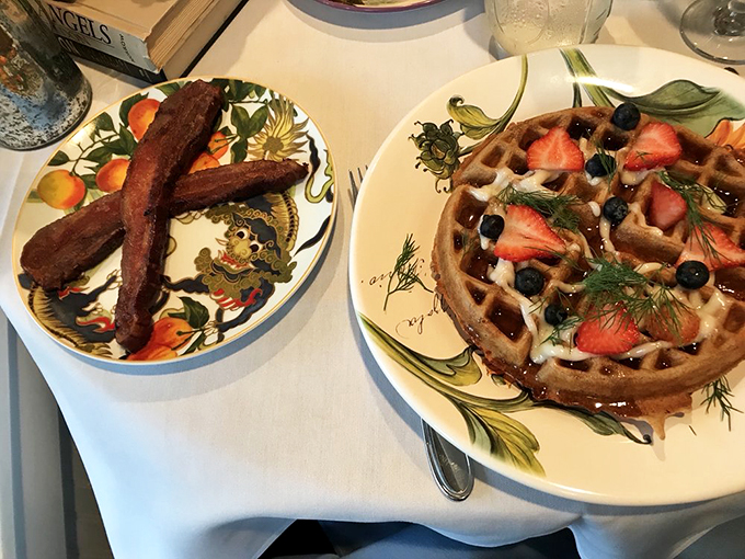 The ultimate power couple: crispy bacon meets fluffy Belgian waffle. It's a breakfast romance for the ages.