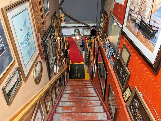 Going down? This stairway to yesteryear is lined with enough framed memories to fill a museum&mdash;or your grandmother's attic. 