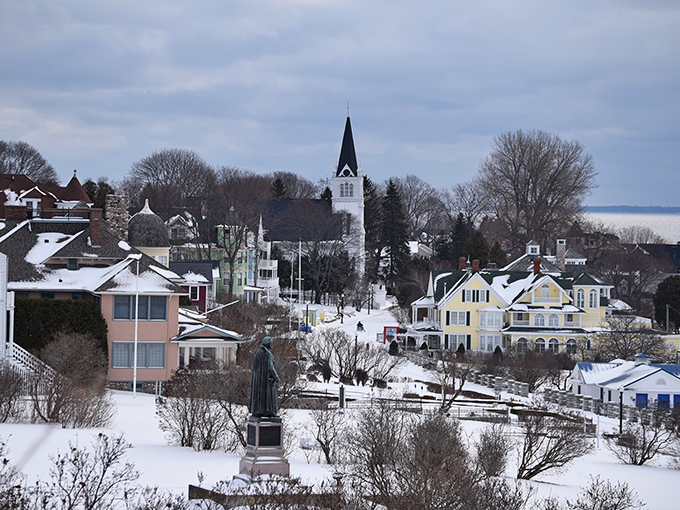 A bird's-eye view of paradise: where every rooftop tells a story and every chimney puffs with warmth.