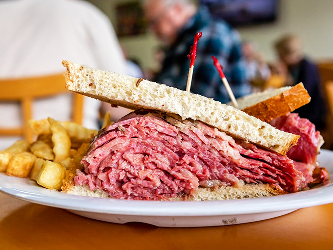 This pastrami sandwich isn't just thick, it's got more layers than a Shakespeare plot. And it's twice as satisfying!