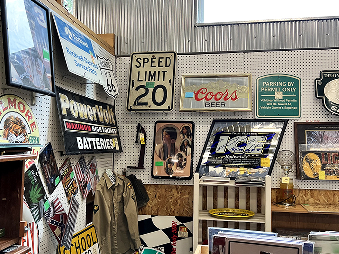 A wall of nostalgia that screams "I remember that!" Vintage signs that transport you back to a time when everything was "groovy, man."