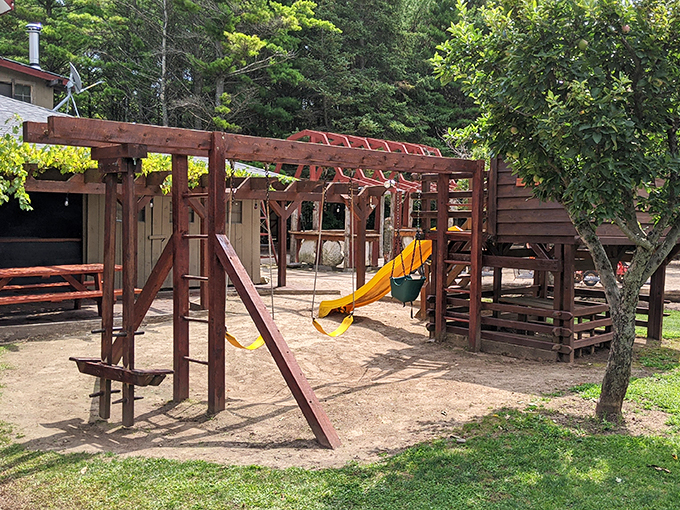Swing into action! This rustic play area invites kids (and kids at heart) to create their own adventures between bites.