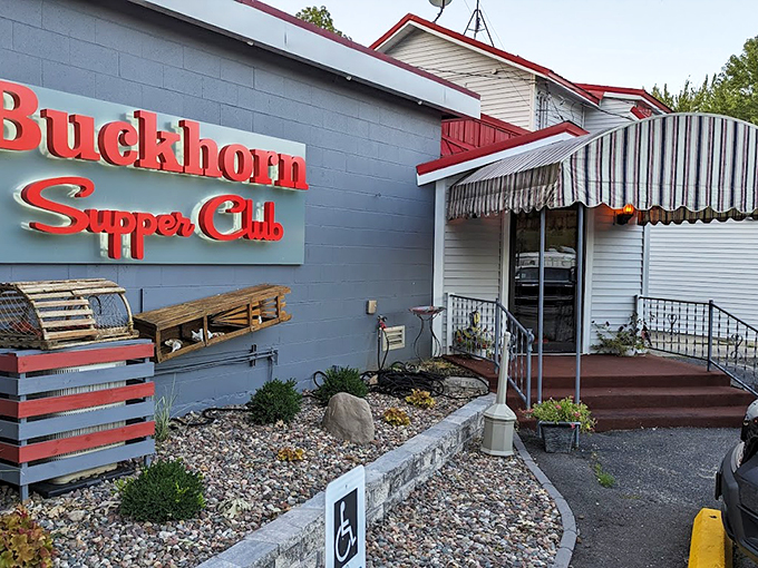 Red trim and striped awnings - as traditional as the relish trays waiting inside.