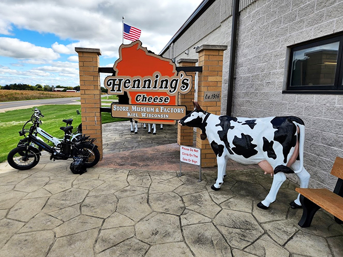 Holy cow! This bovine beauty stands guard over a treasure trove of Wisconsin's finest. Cheese dreams are made of this!