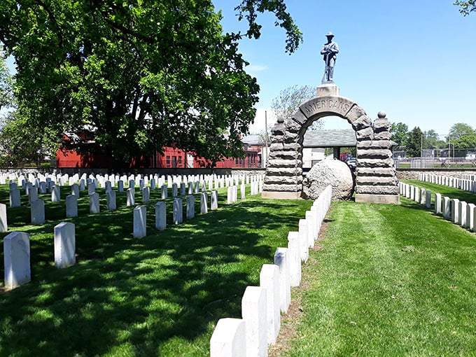 Rows of white markers stretch into the distance, a poignant reminder of lives lost. Even in death, these soldiers stand united.
