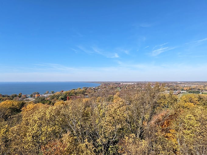 Autumn colors paint the shoreline while Lake Winnebago stretches to the horizon like an inland sea.