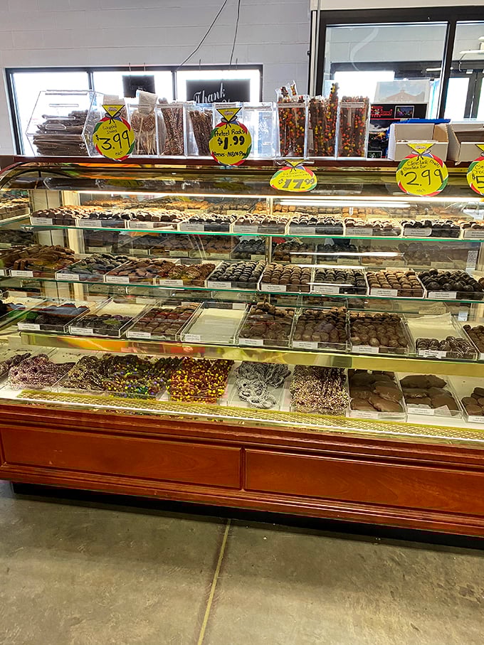 Chocolate lover's nirvana! This display case is packed with enough cocoa creations to make Willy Wonka jealous.