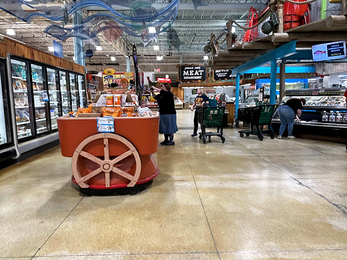 The meat department's rustic charm makes you feel like you've wandered into a premium butcher shop from the good old days.