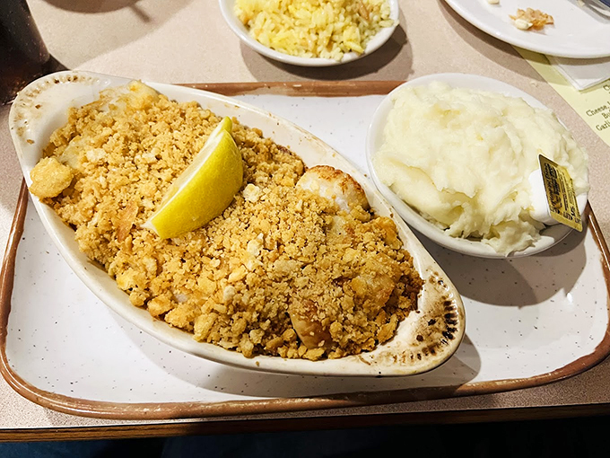 Baked seafood under a golden crumb topping, with a side of mashed potatoes that looks like pure comfort.
