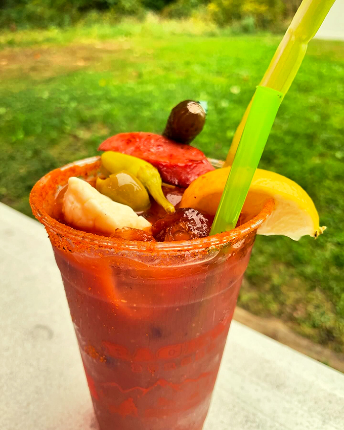A meal in a glass! This loaded Bloody Mary is garnished with enough goodies to count as brunch.