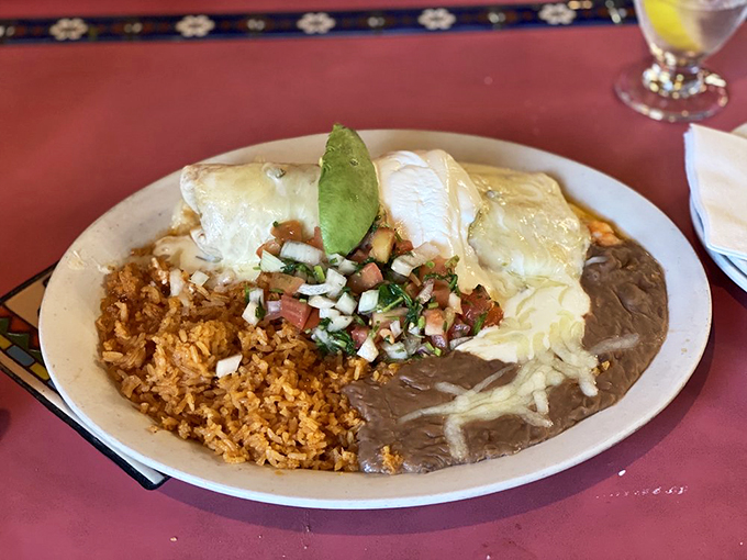 White rice, refried beans, and fresh pico de gallo frame these enchiladas like a delicious work of Mexican art.