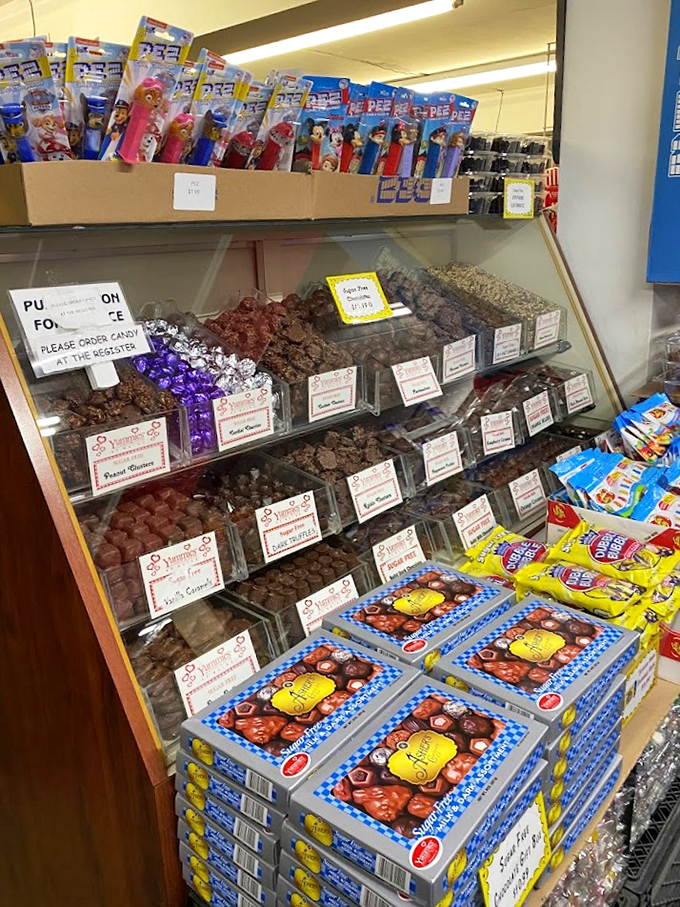 A chocolate case that would make a Swiss chocolatier proud, with treats arranged like precious jewels.