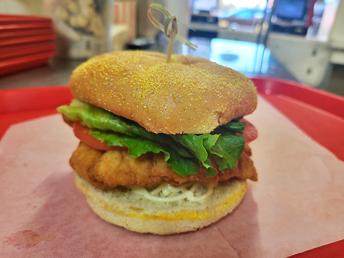 When the sea takes a break, this crispy chicken sandwich steps up to the plate with delicious authority.