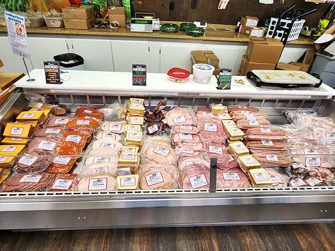 Meat your match! This deli case is packed with savory delights. It's a carnivore's paradise, where dreams of the perfect sandwich come true.