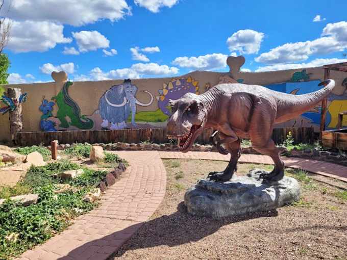 Where the Jurassic meets the artistic&mdash;a T-Rex poses against a backdrop of prehistoric pals.