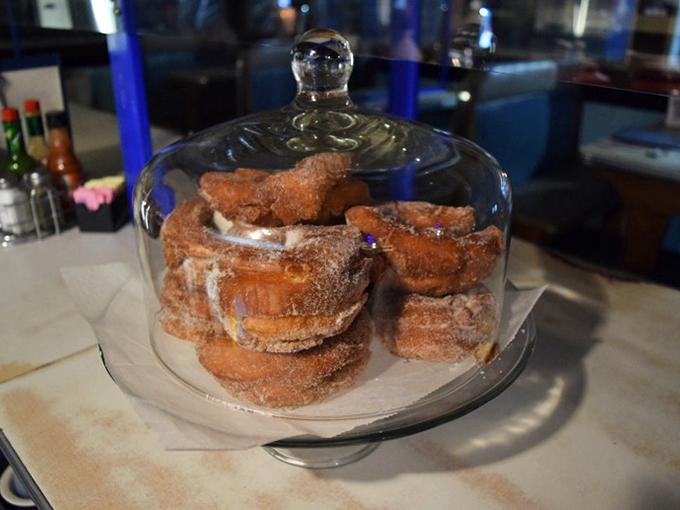 Under glass, but not for long! These donuts are the crown jewels of the Blue Benn, displayed proudly until they meet their delicious fate.