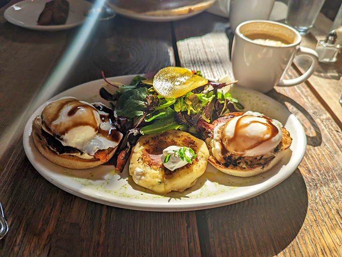 Three perfect eggs Benedict, lined up like sunny soldiers ready to make your morning absolutely magnificent. Photo credit: Annie P.